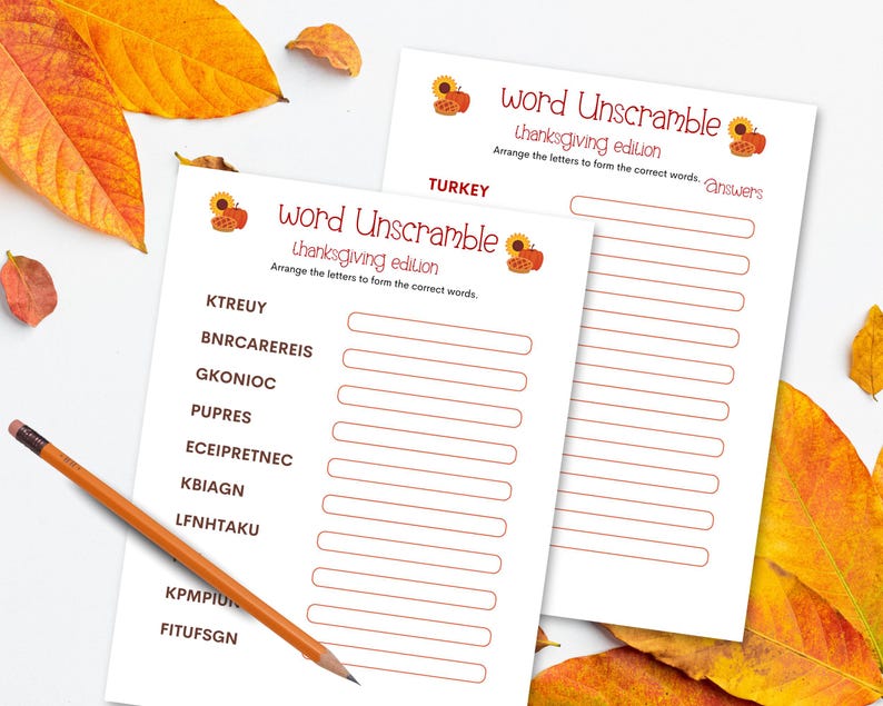 Thanksgiving Day Game DIY Printable, Word Un-scramble List, Reunions ...