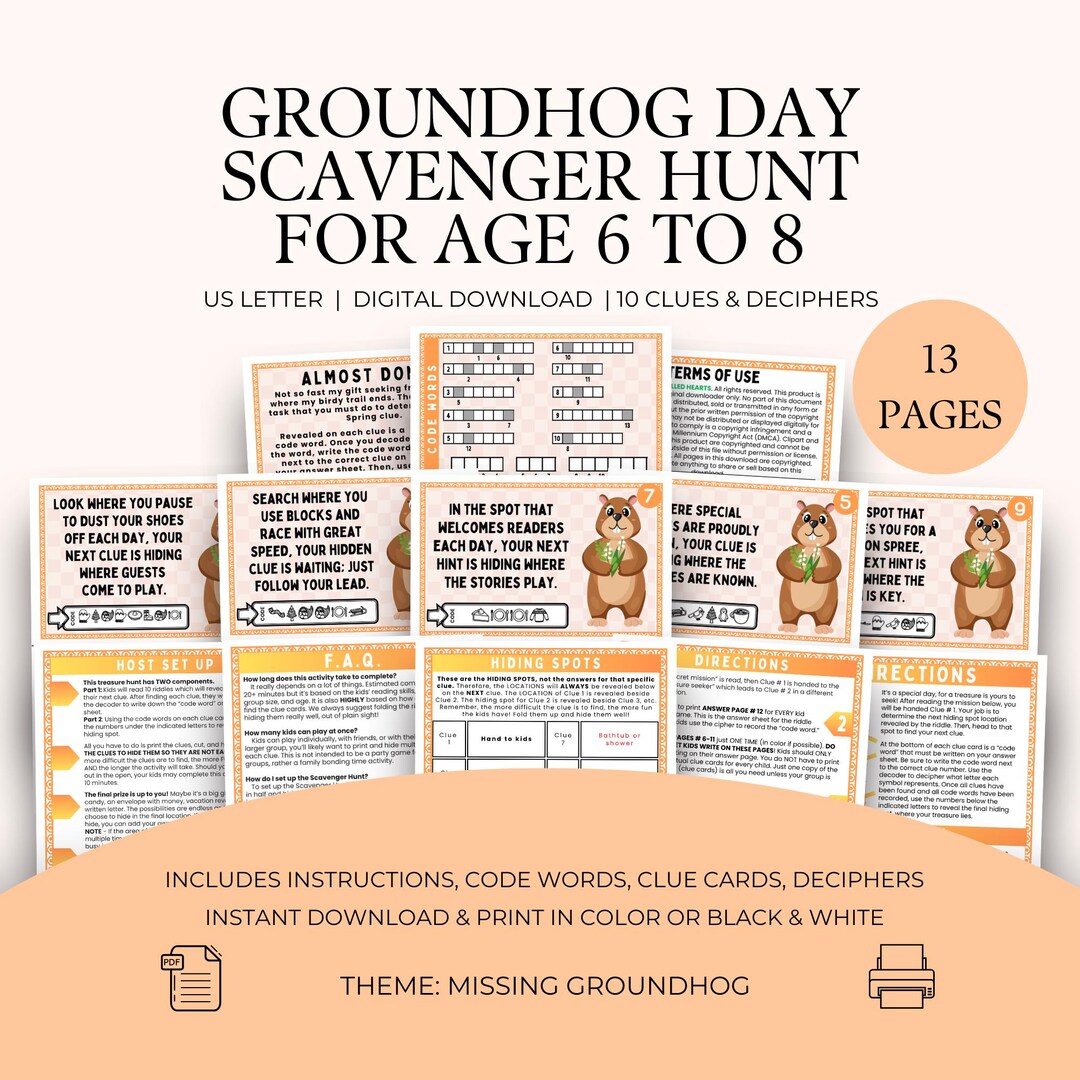 Indoor Groundhog Day Scavenger Hunt, Treasure Cards, Clues Riddles ...