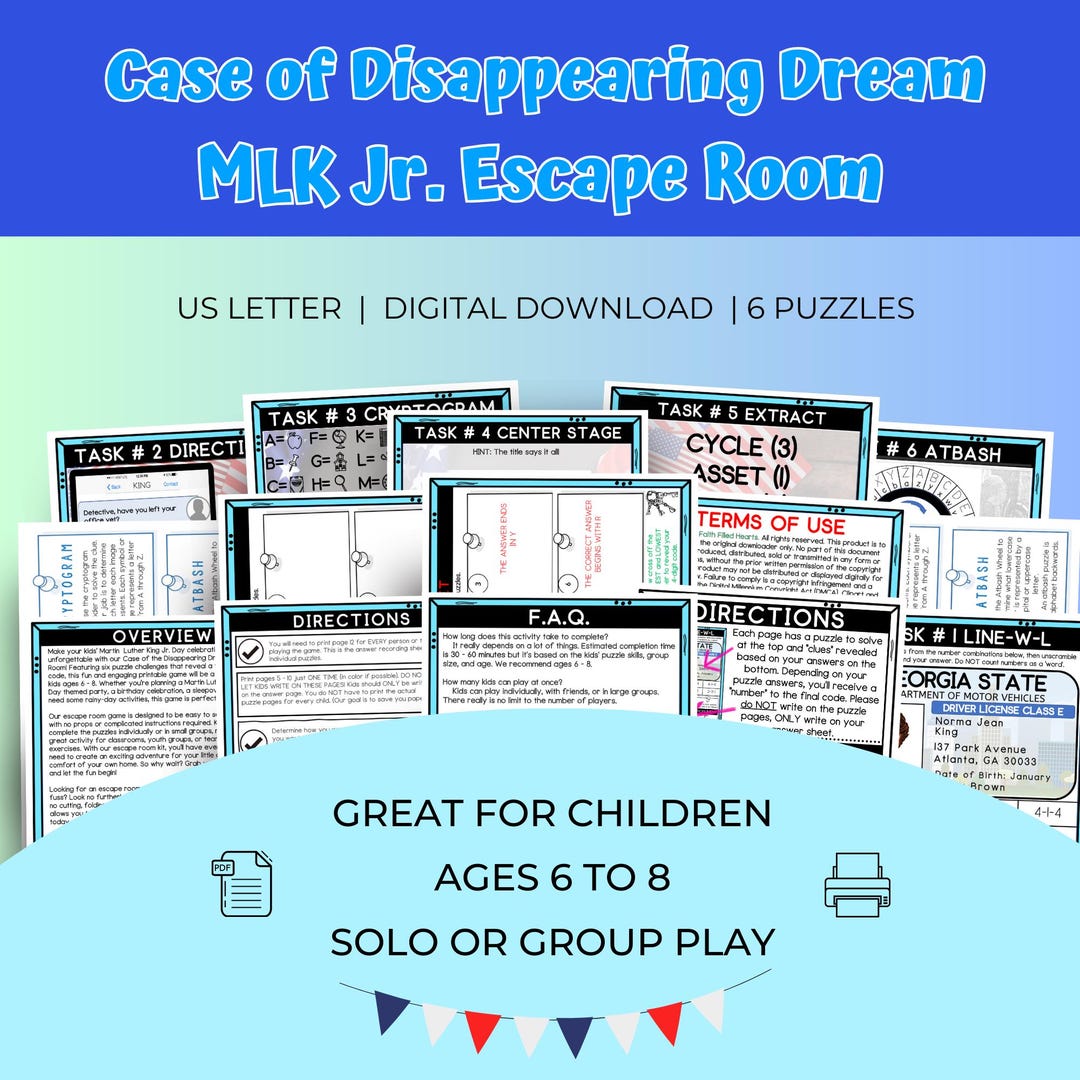 Printable Martin Luther King Jr Day Escape Room for Kids, Missing Dream ...
