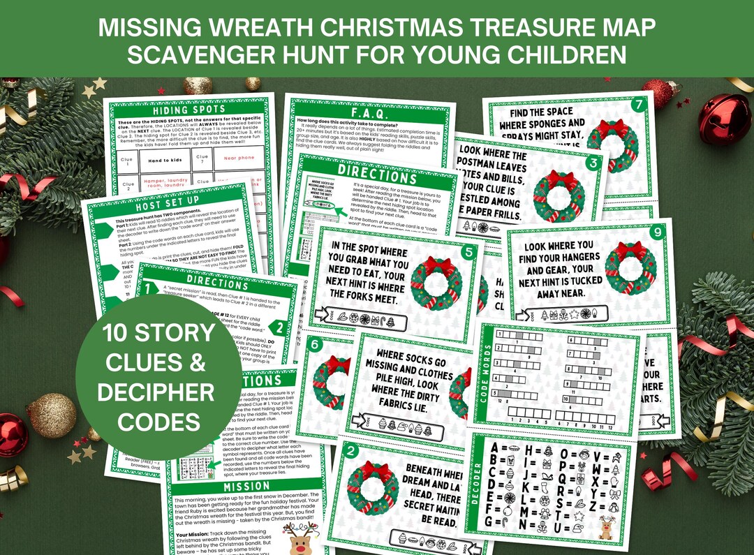 Indoor Christmas Scavenger Hunt, Treasure Hunt Cards, Clues Riddles ...