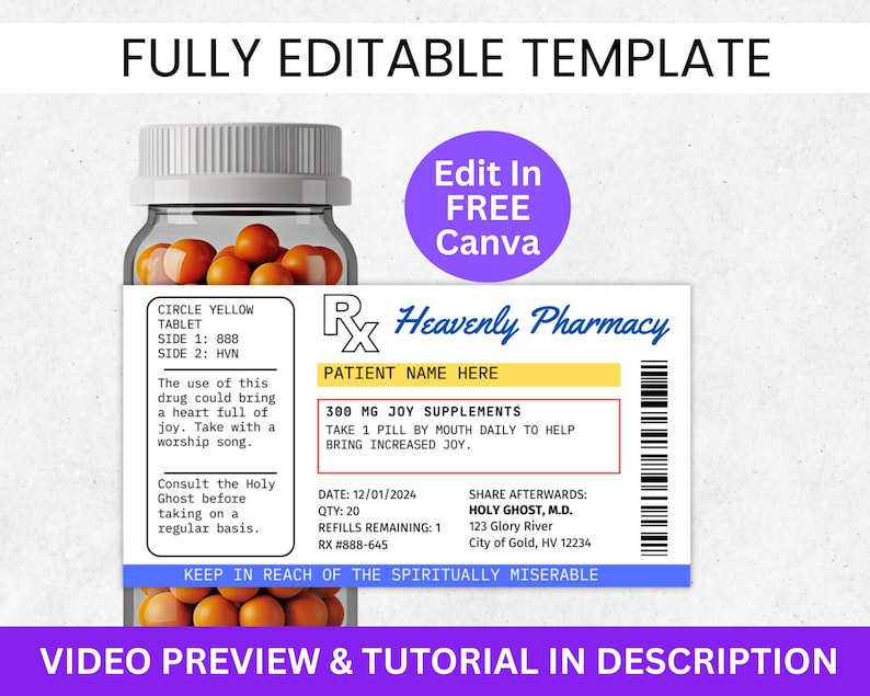 Editable Prescription Label, Canva Template, Pill Bottle Label, Candy ...