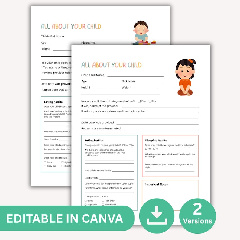 Editable Daycare Child Information Template, All About Me Sheet, Sunday ...