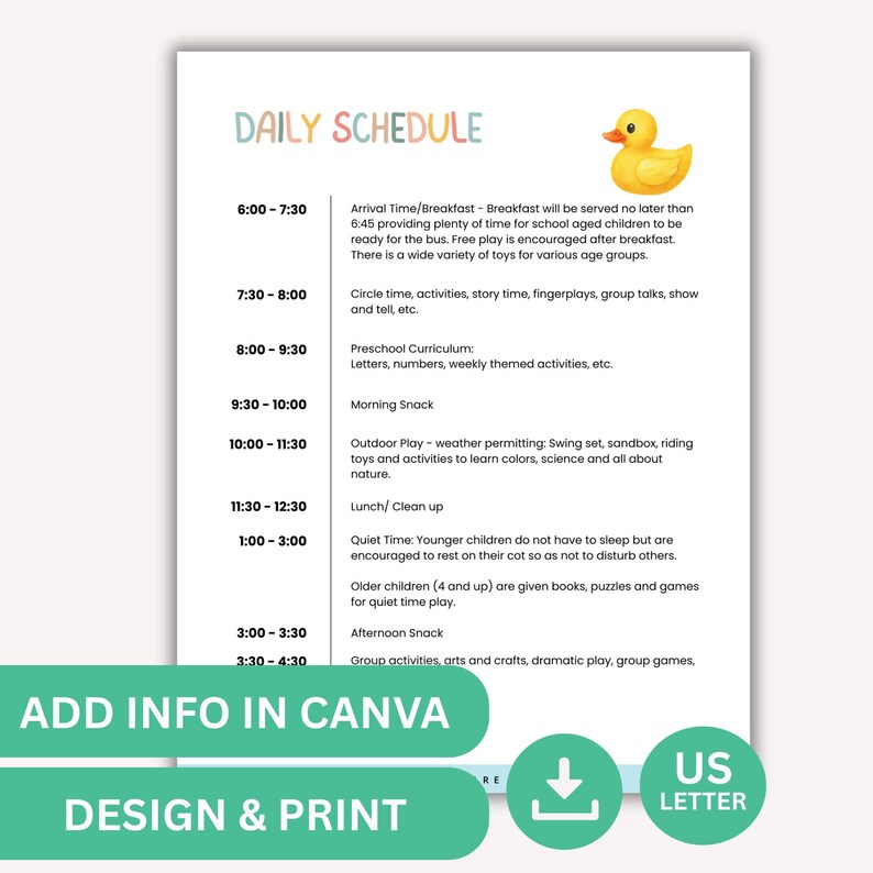 Editable Daycare Daily Schedule Template, Hourly Schedule Log, Sunday ...