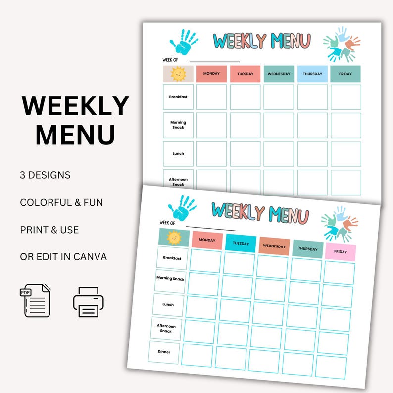 Editable Daycare Weekly Menu, Canva Template, Meal Planner, Breakfast ...