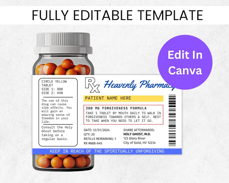 Prescription Label Template, Canva Template Editable, Pill Bottle Label ...