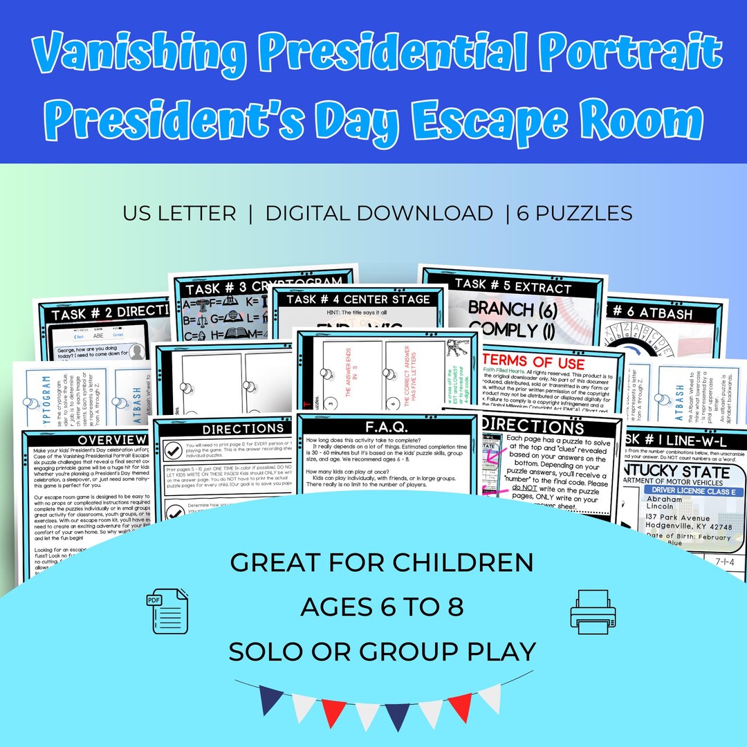 Printable President's Day Escape Room for Kids, Vanishing Portrait ...