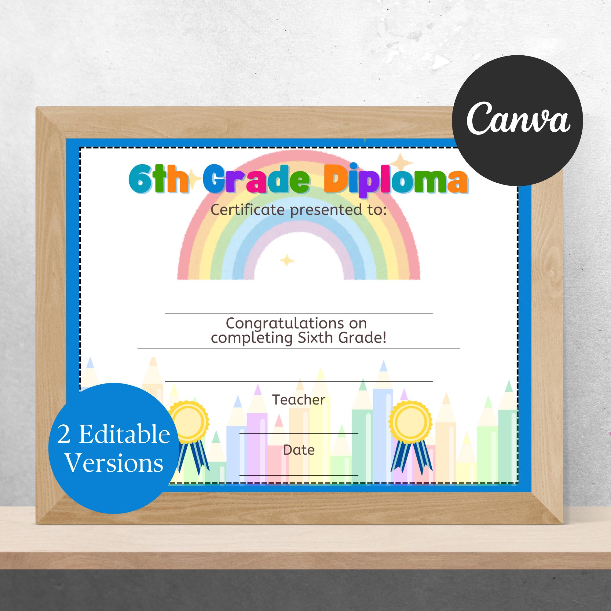 Sixth Grade Graduation Certificate, DIY Diploma Template, Fully Edit in ...