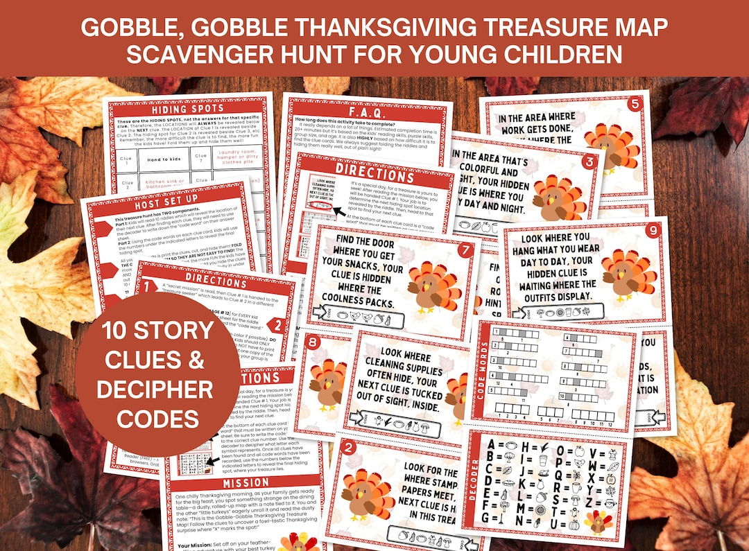 Indoor Thanksgiving Scavenger Hunt, Treasure Hunt Cards, Clues Riddles ...