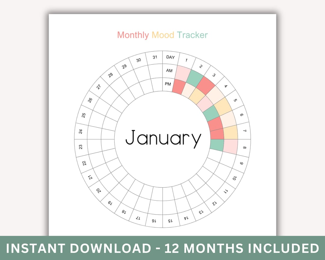 2026 Monthly Circle Mood Tracker AM PM Printable, Feelings Log, Monthly ...