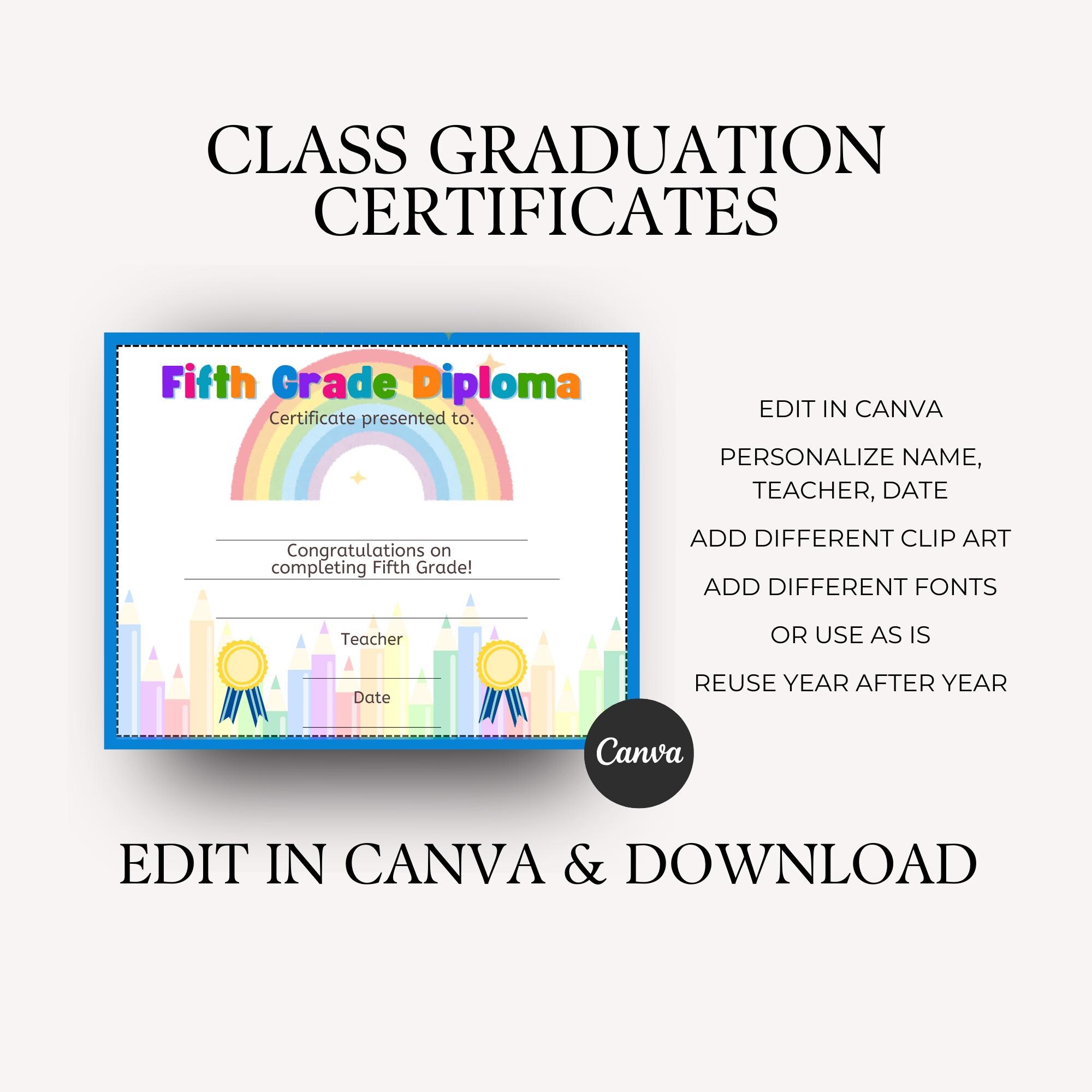 Fifth Grade Graduation Diploma Template, Fully Edit Certificate in ...