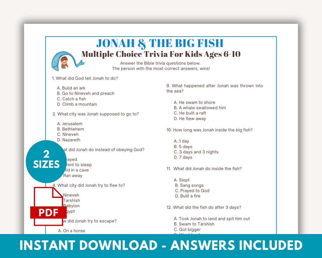 Jonah & the Big Fish Trivia Game, Sunday School Bible Game, Bible ...