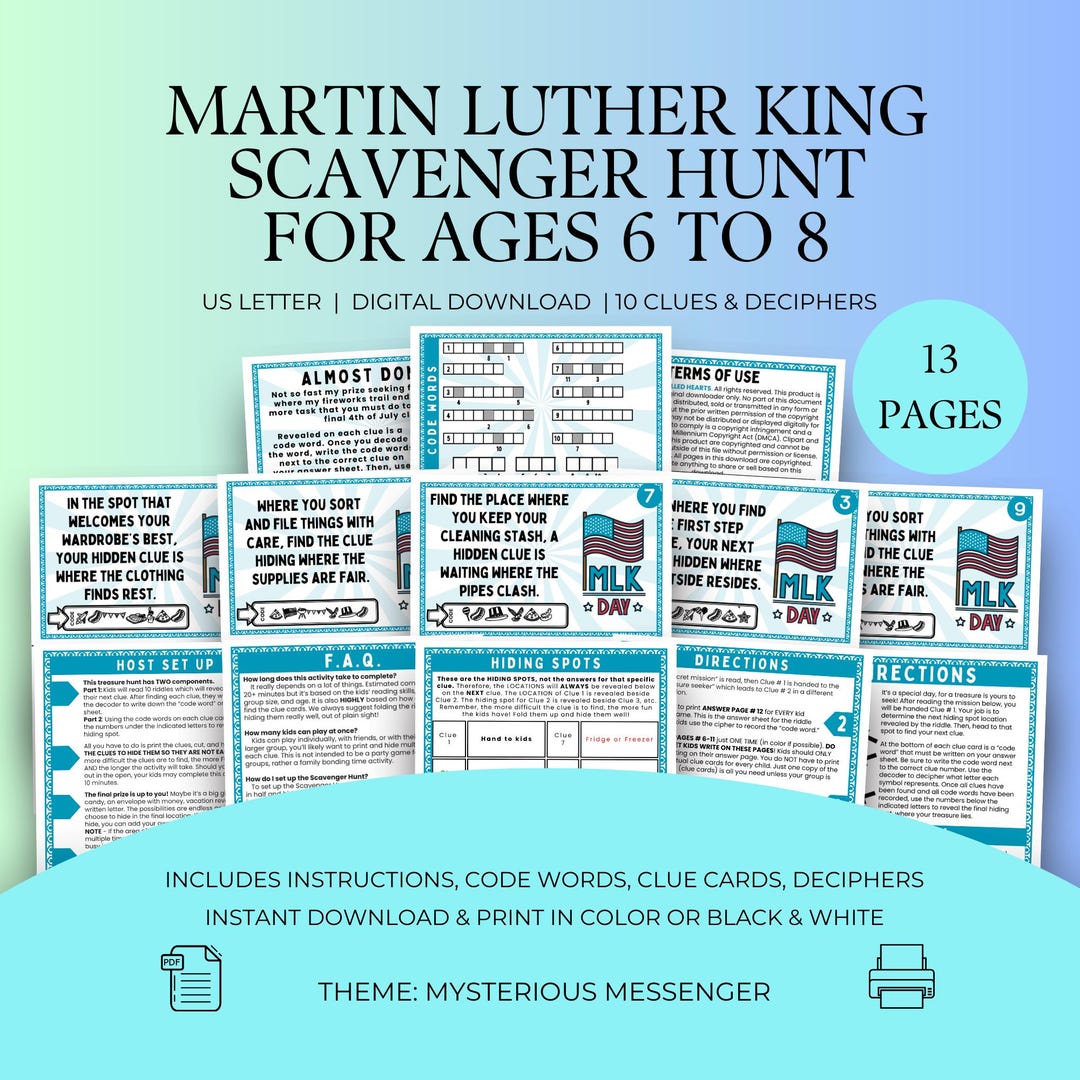 Indoor Martin Luther King Jr Day Scavenger Hunt, Treasure Cards, Clues ...