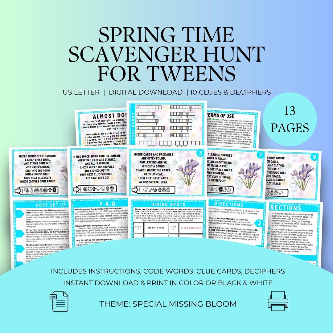 Indoor Spring Time Scavenger Hunt, Tween Treasure Cards, Clues Riddles ...