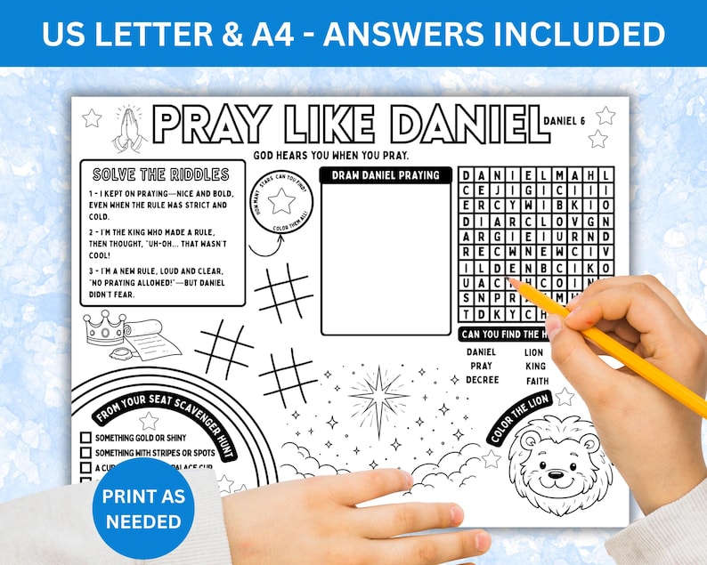 Daniel in the Lions Den Activity Sheet, Sunday School Placemat, Kids ...