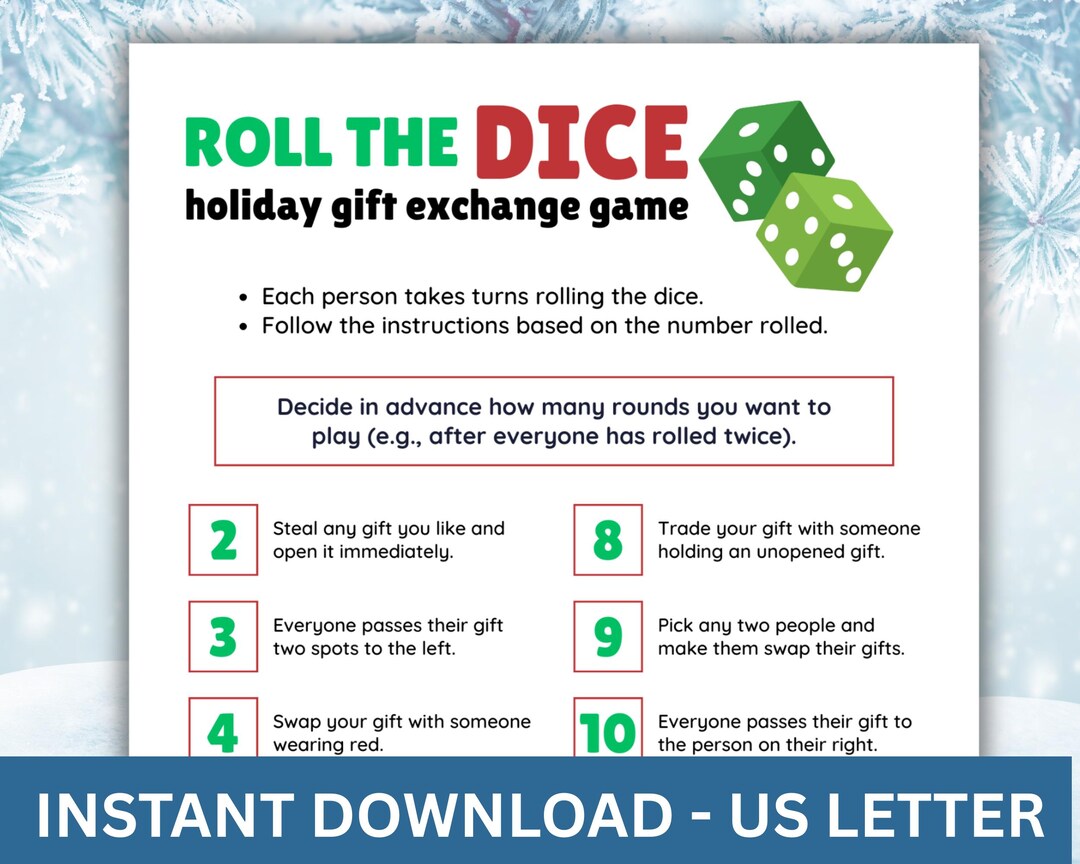 Printable Christmas Gift Exchange 2 Dice Game, Office Holiday Ice ...