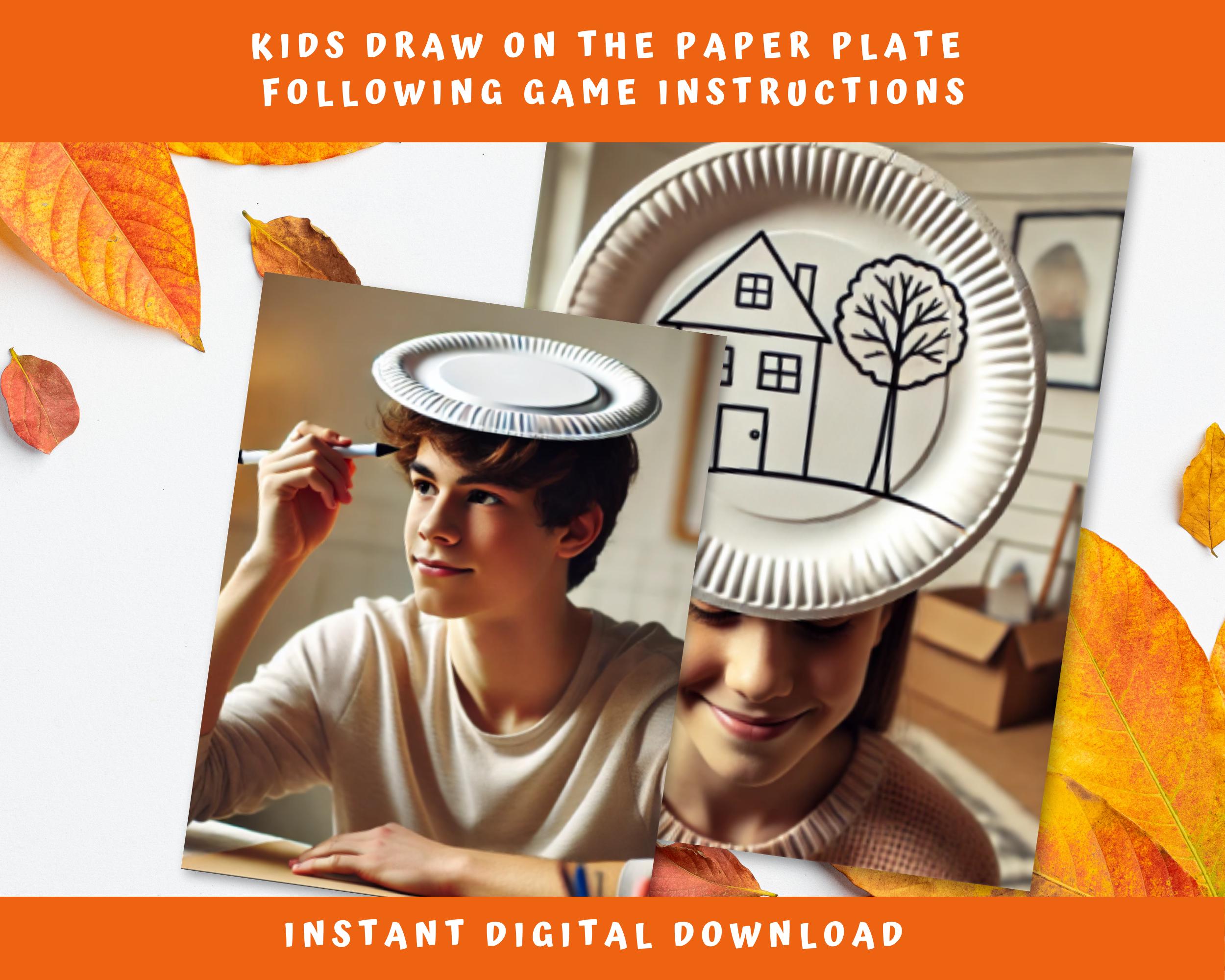 Paper Plate on Head Thanksgiving Drawing Games Printable, Family Game ...