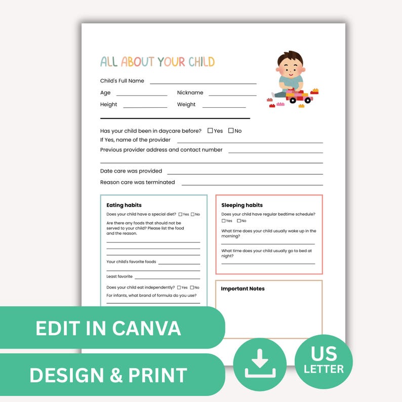 Editable Daycare Child Information Template, All About Me Sheet, Sunday ...