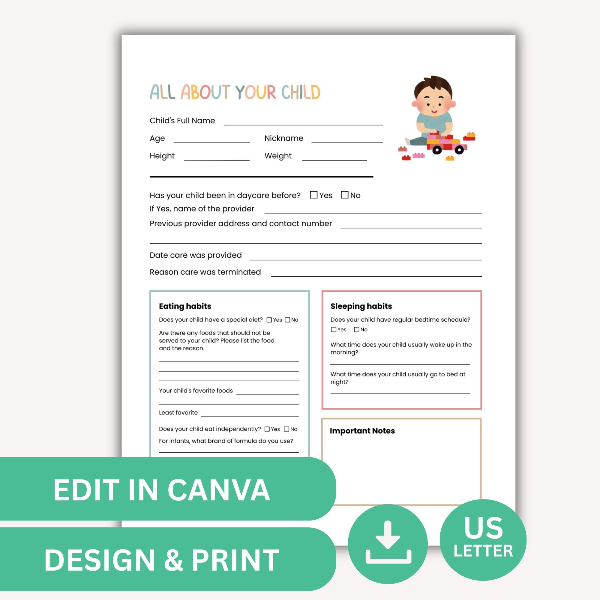 Editable Daycare Child Information Template, All About Me Sheet, Sunday ...