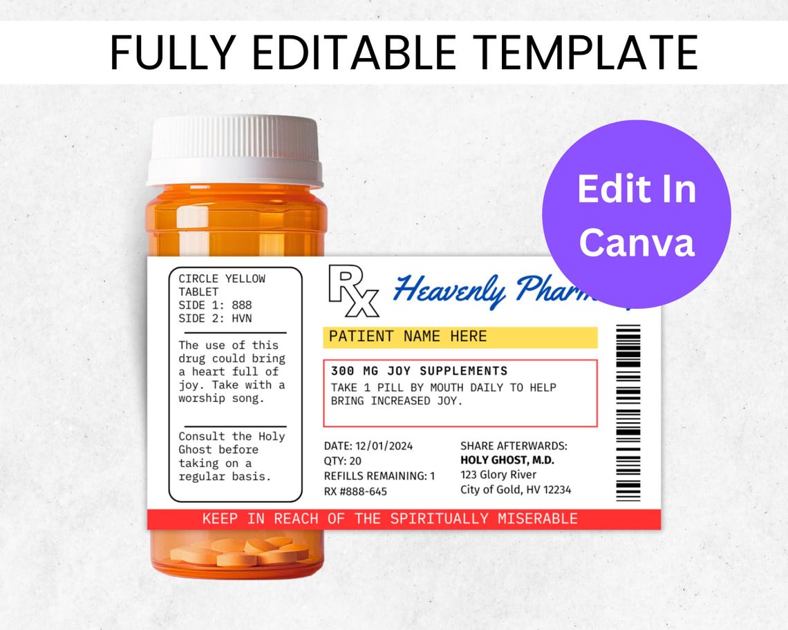 Editable Prescription Label, Canva Template, Pill Bottle Label, Candy ...