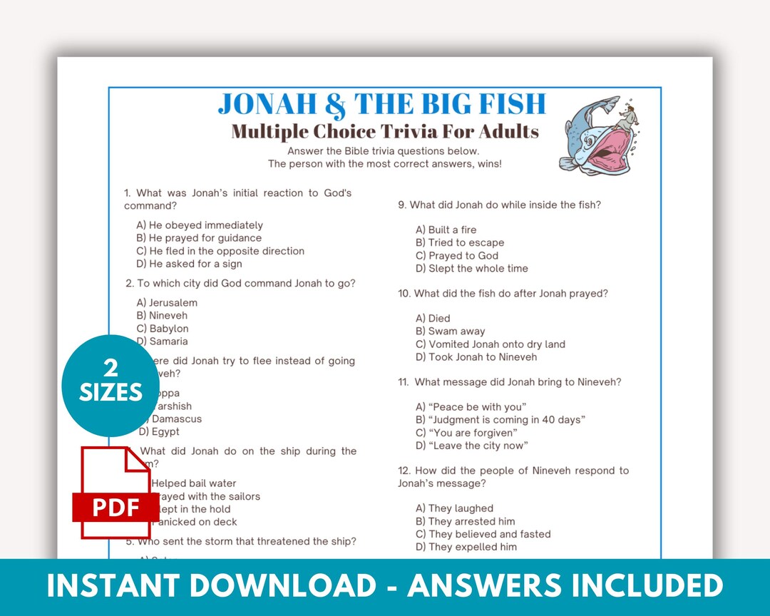 Jonah & the Big Fish Trivia, Sunday School Adult Bible Game, Old ...
