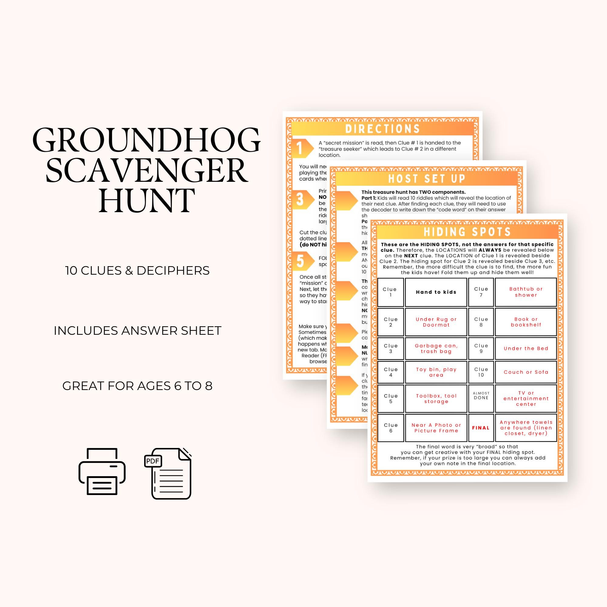 Indoor Groundhog Day Scavenger Hunt, Treasure Cards, Clues Riddles ...