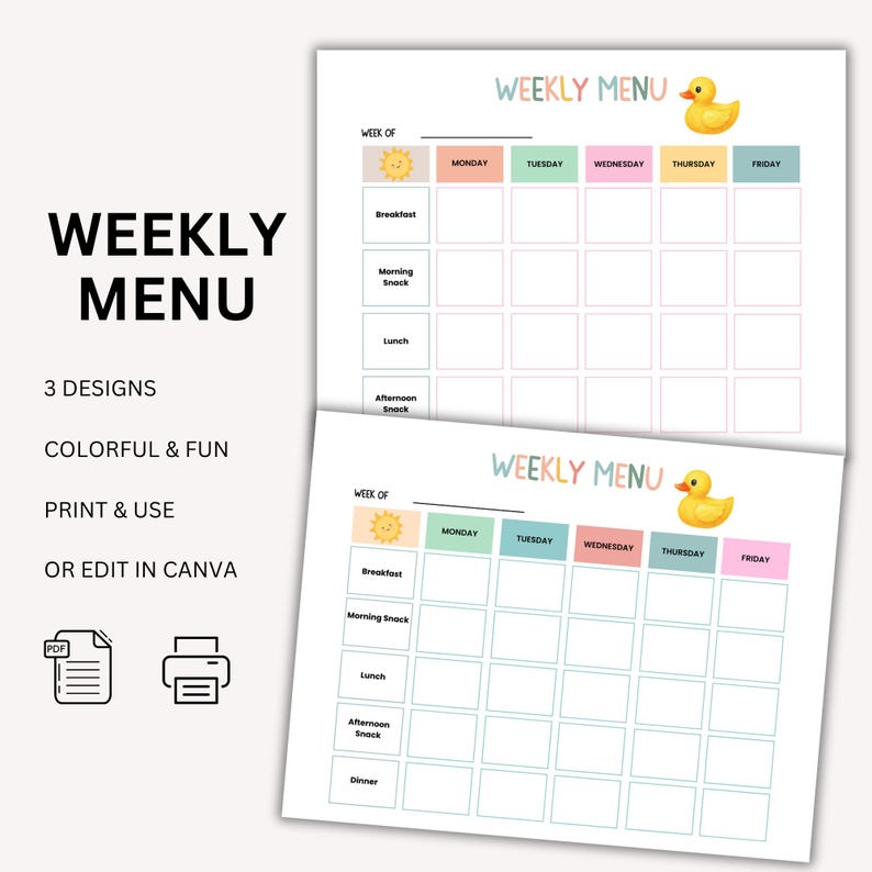 Editable Daycare Weekly Menu Template, Meal Planner, Breakfast Lunch ...