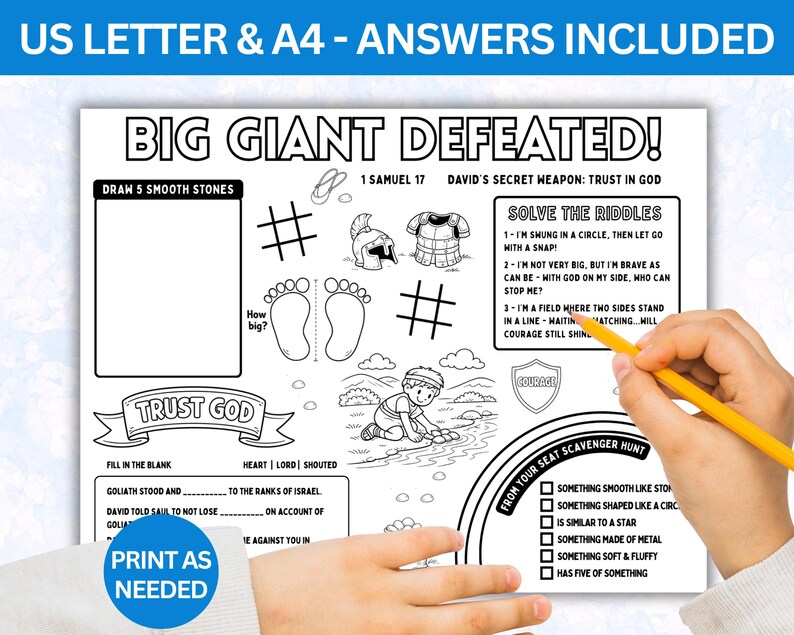 David and Goliath Activity Sheet, Sunday School Placemat, Kids Bible ...