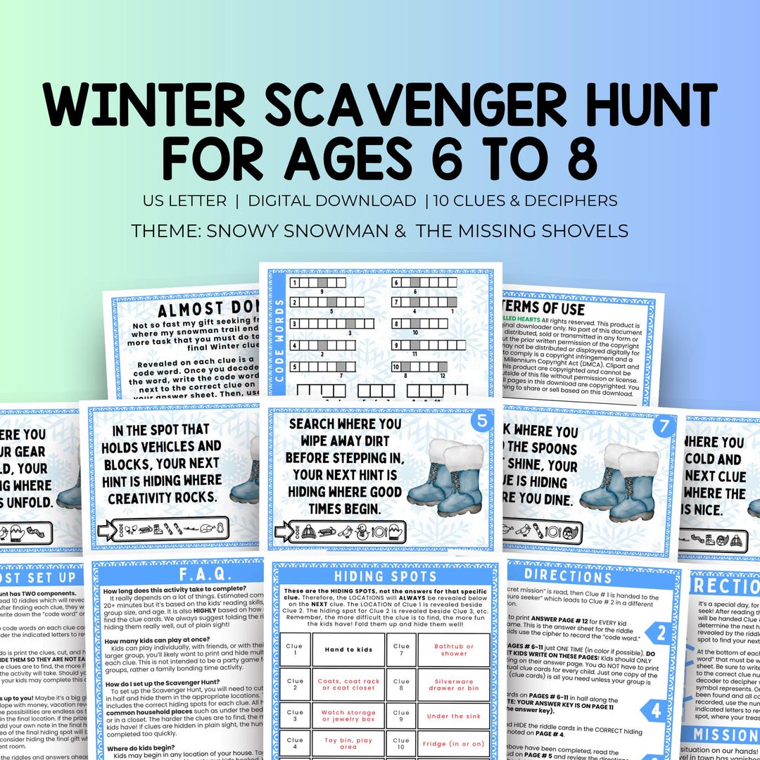 Indoor Winter Time Scavenger Hunt, Treasure Cards, Clues Riddles Codes ...