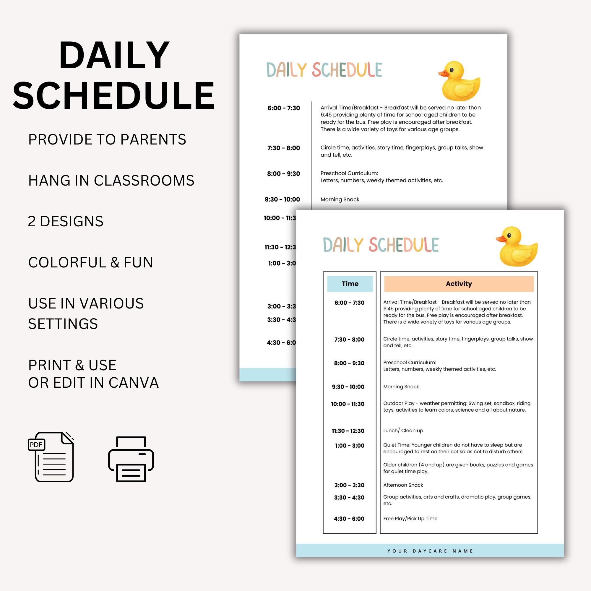Editable Daycare Daily Schedule Template, Hourly Schedule Log, Sunday ...