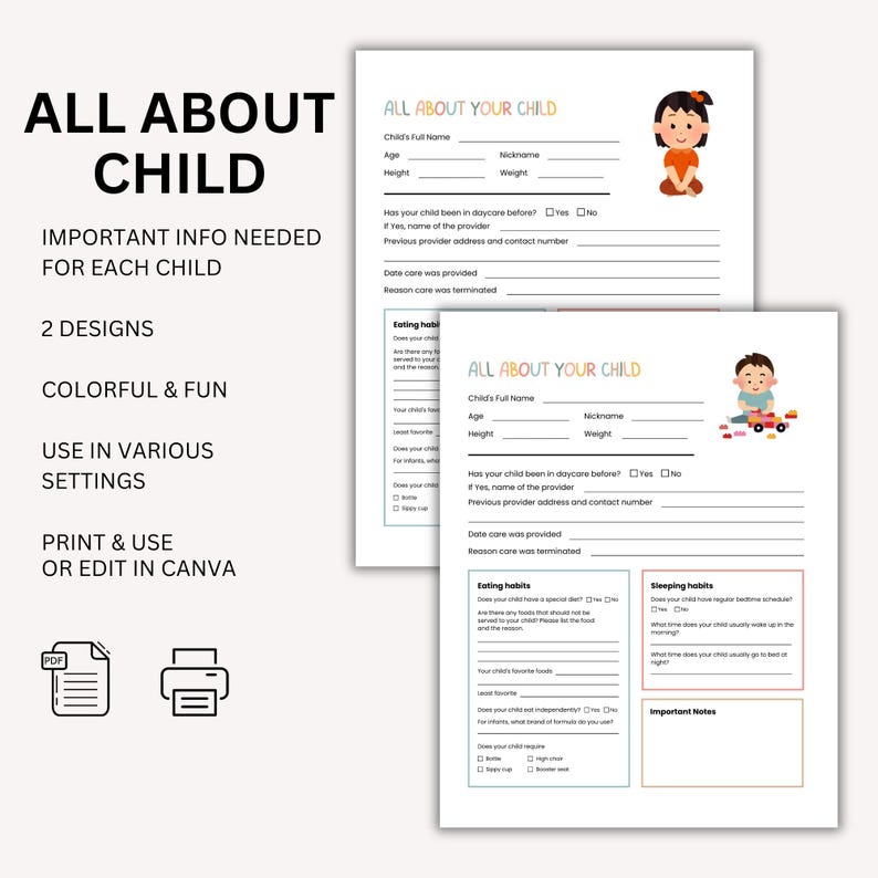Editable Daycare Child Information Template, All About Me Sheet, Sunday ...