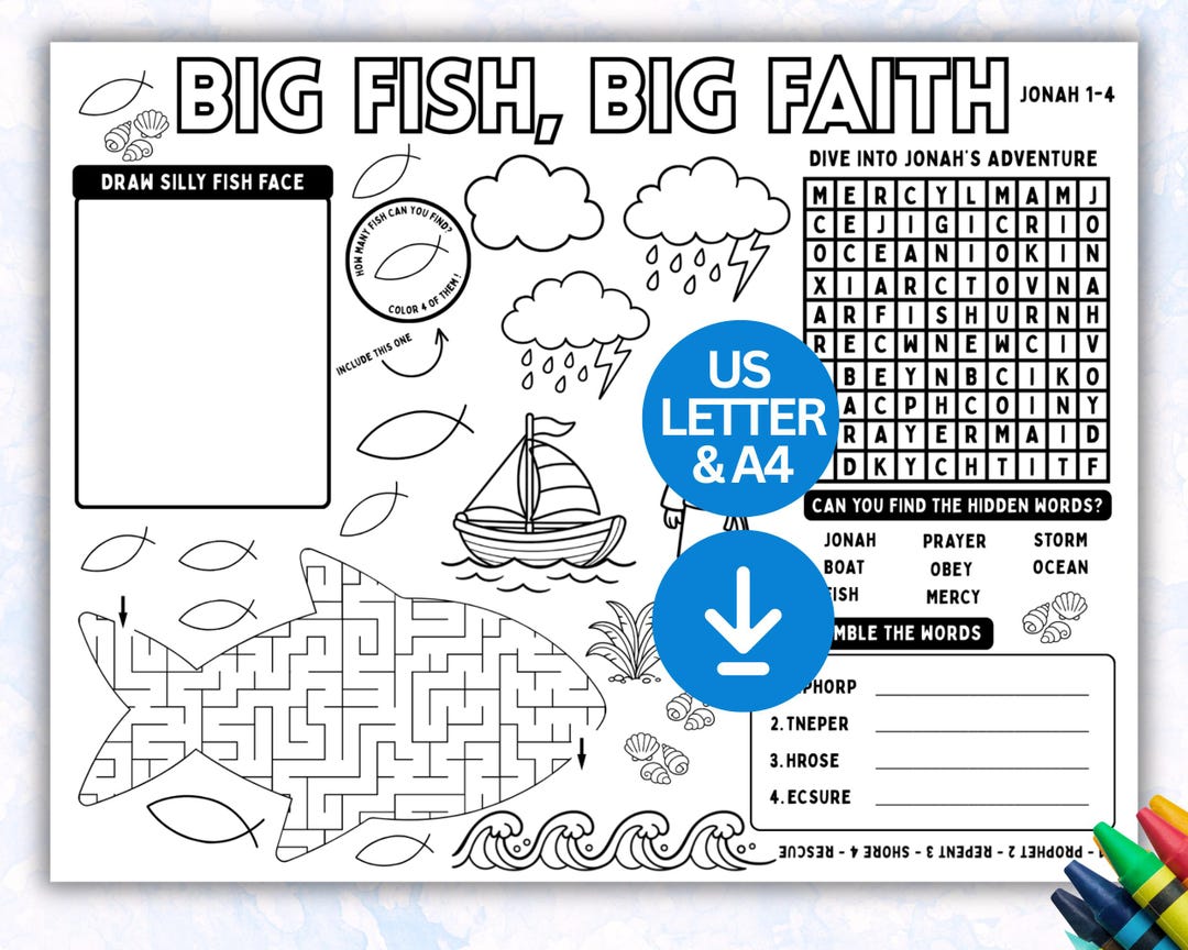 Jonah and the Big Fish Activity Sheet, Sunday School Placemat, Kids ...