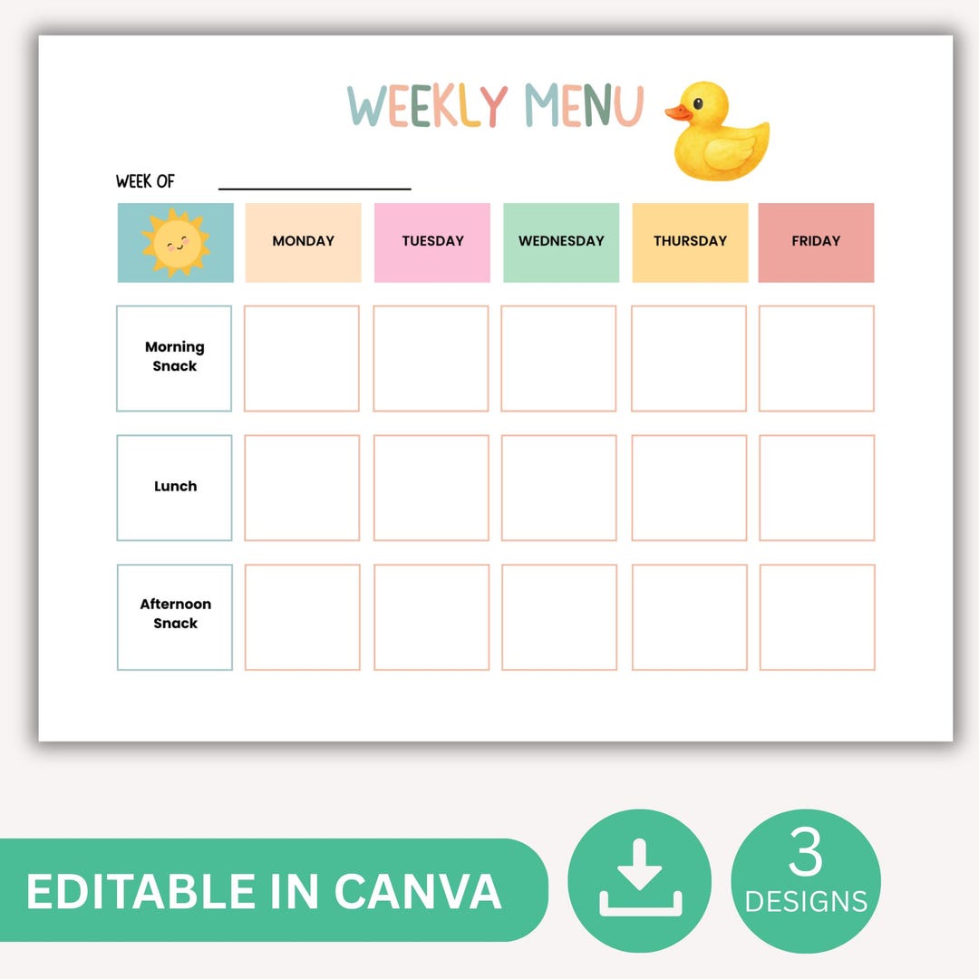 Editable Daycare Weekly Menu Template, Meal Planner, Breakfast Lunch ...