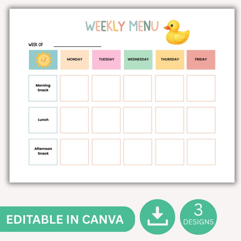 Editable Daycare Weekly Menu Template, Meal Planner, Breakfast Lunch ...