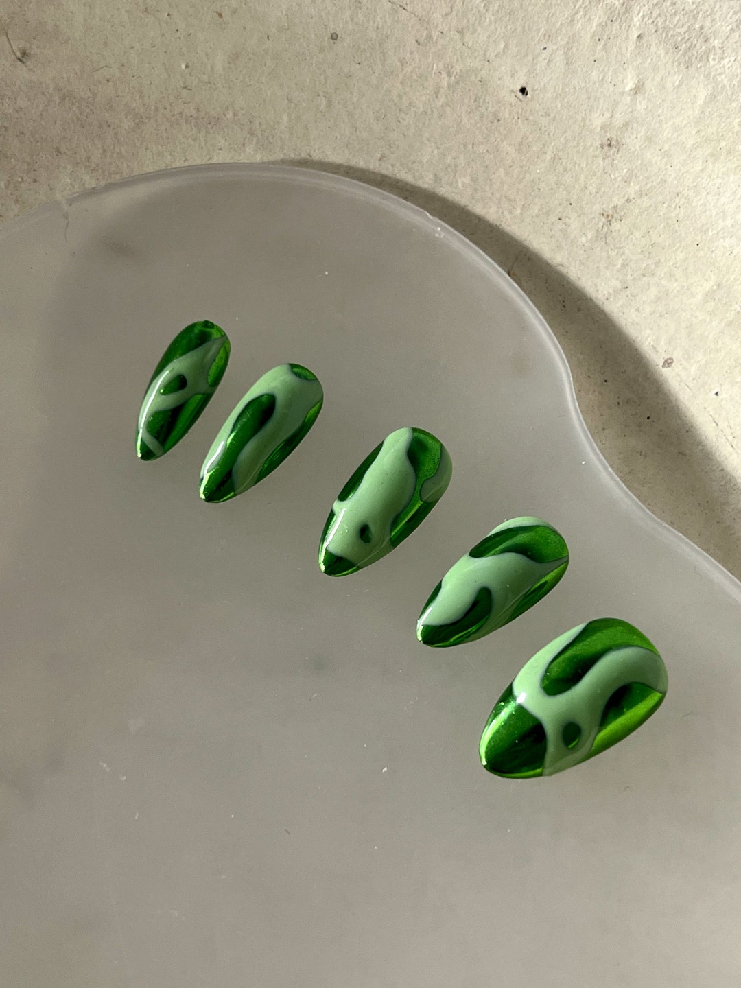 SHEGO Press on Nails Apres Gel X Green Chrome Nails St Patricks Day ...