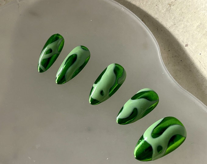 SHEGO Press on Nails Apres Gel X Green Chrome Nails St Patricks Day ...