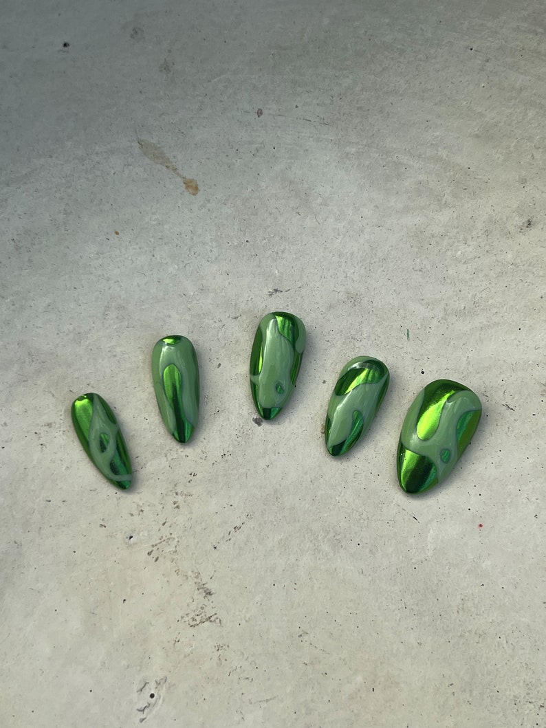 SHEGO Press on Nails Apres Gel X Green Chrome Nails St Patricks Day ...