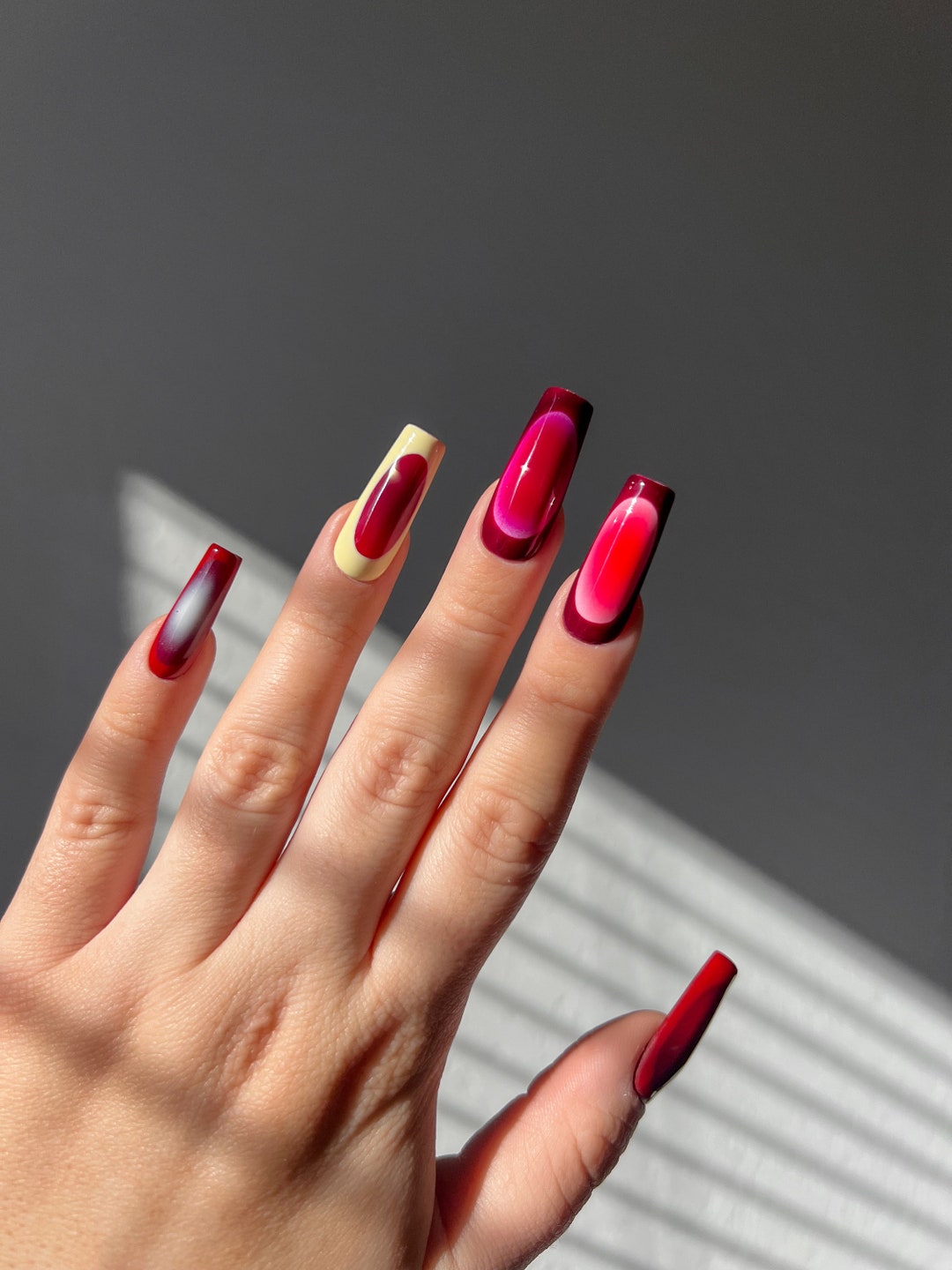 RED AURA Press on Nails Apres Gel X Press on Nails Airbrush Nails Red ...