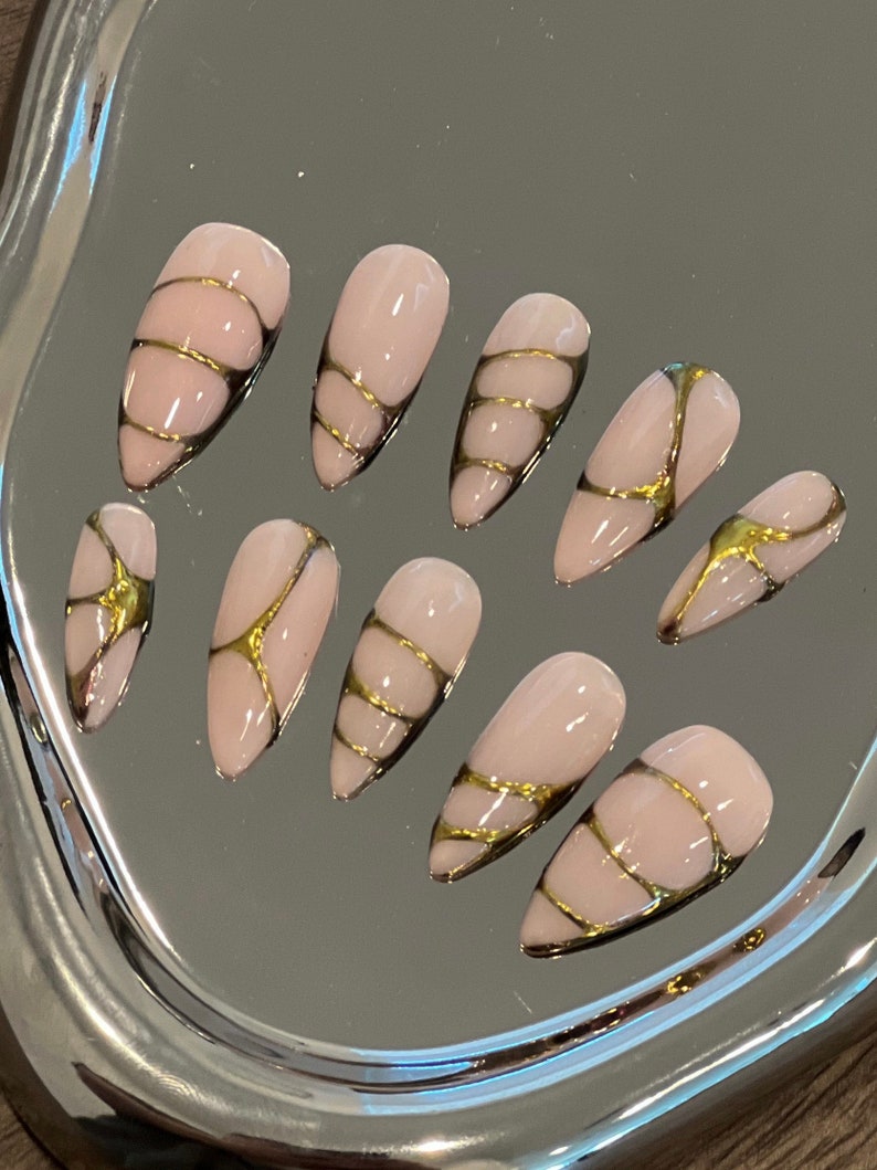GOLD LINE Press on Nails Apres Gel X Gold Chrome Nails - Etsy