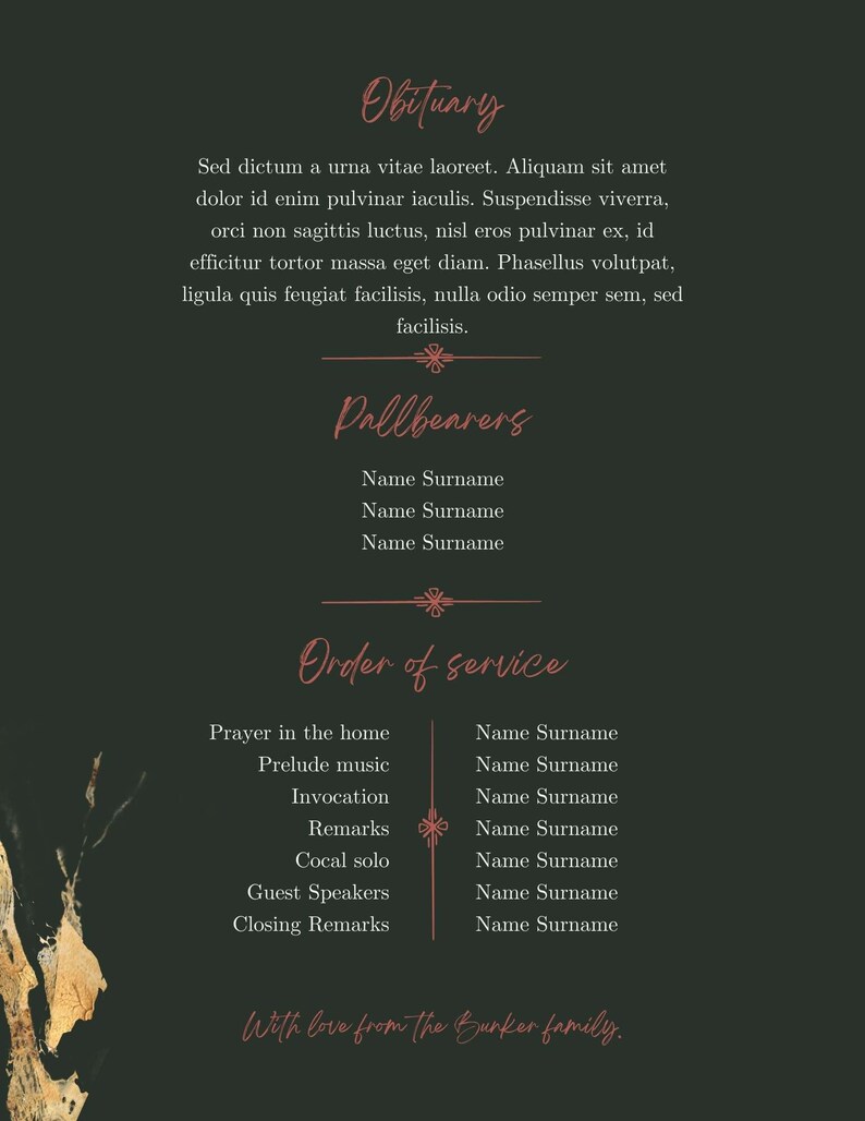 Editable Funeral Program Template Elegant Dark Green & Gold - Etsy