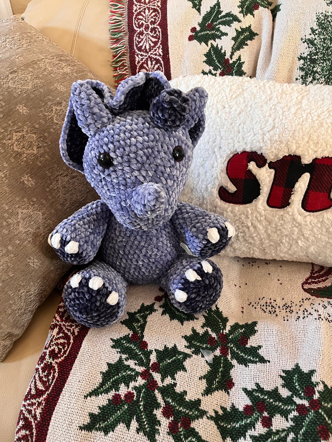 Blueberry Triceratops Plushie: Handmade Velvet Dinosaur - Etsy