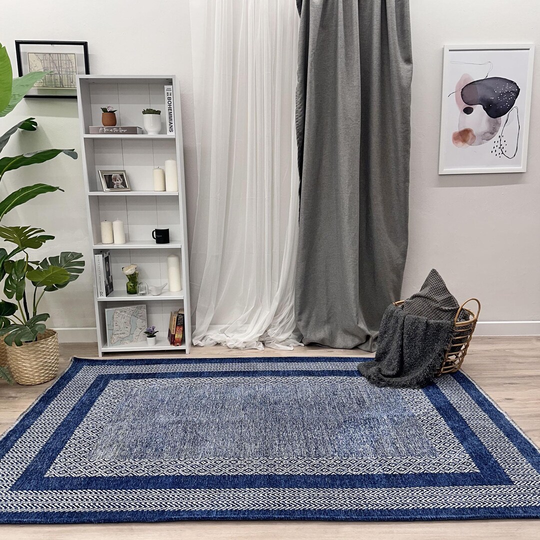 Scandinavian Royal Navy Blue Washable Woven Cotton Area Rugs - Etsy