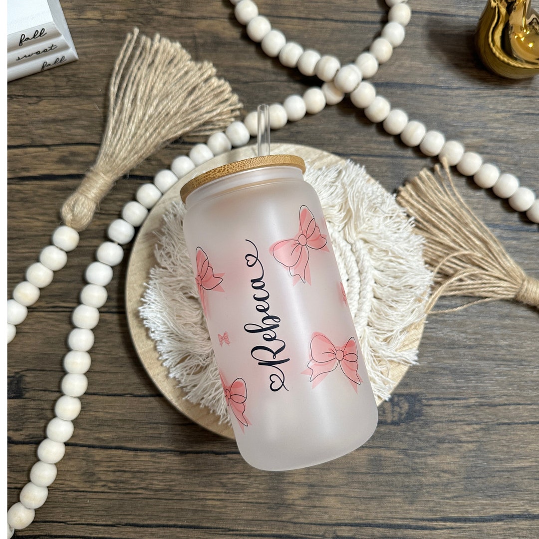 Custom Pink Bow Glass Cup, Bow Glass Cup With Straw, Personalized Gift ...