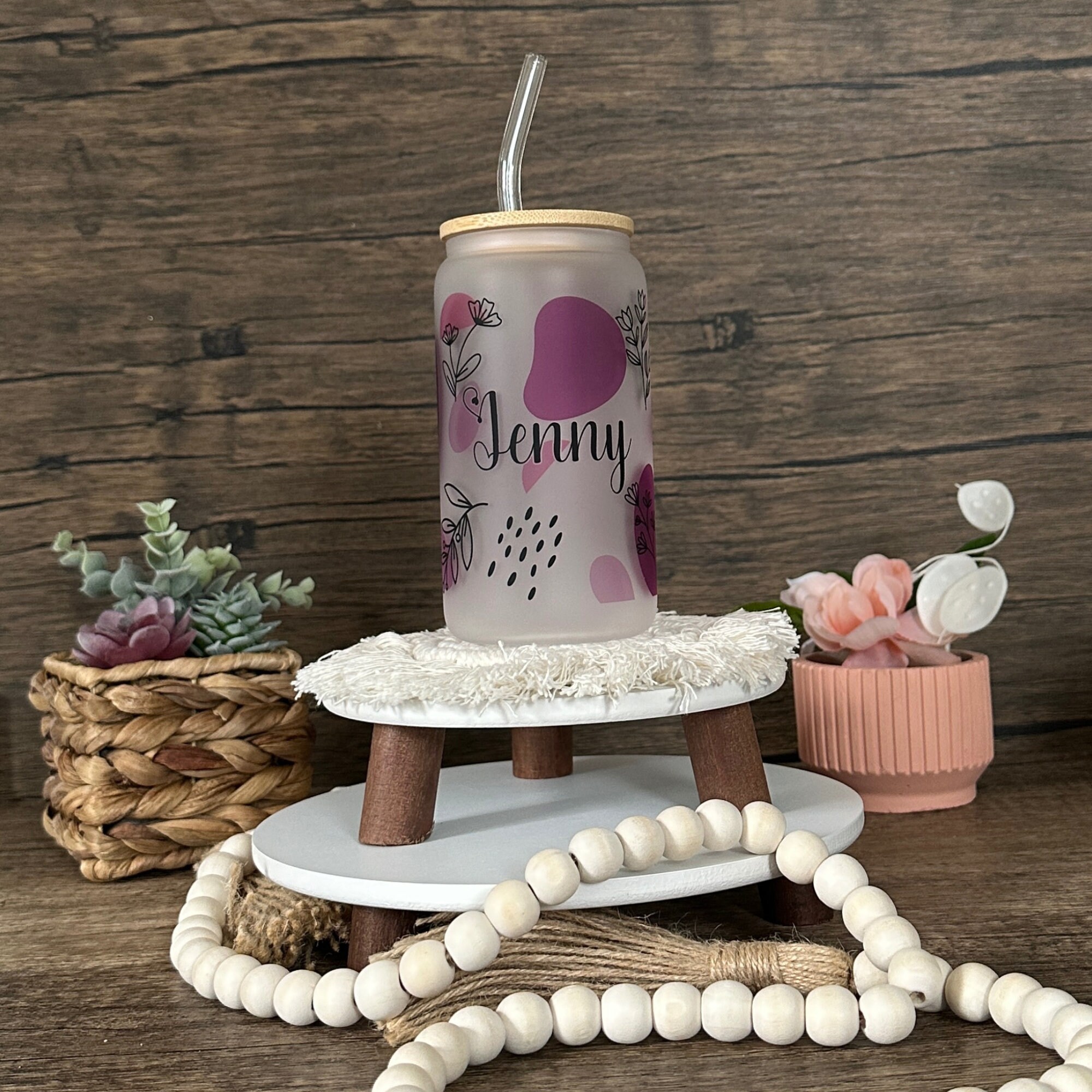 Personalized Wildflower Glass Cup, Boho Iced Coffee Cup - Etsy