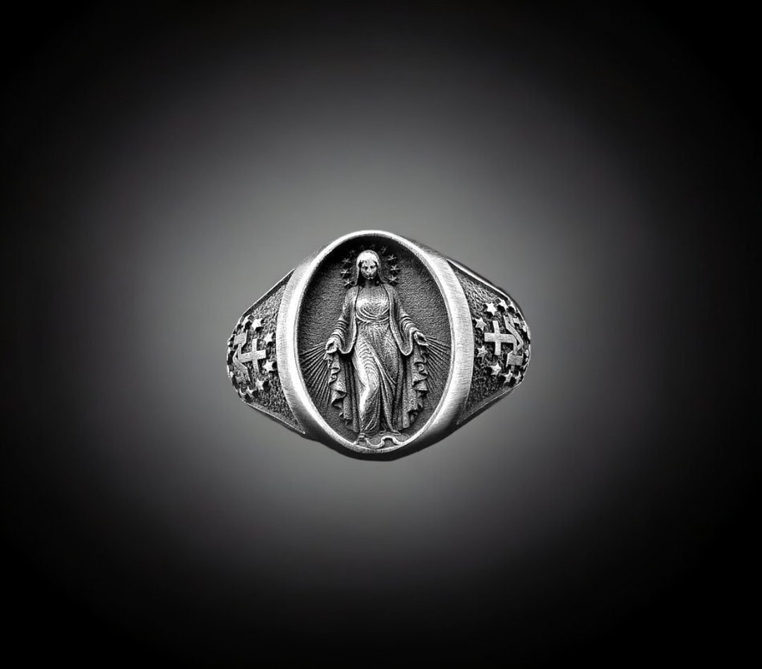 Silver Virgin Mary Ring men Our Lady of Grace Ring 925 Sterling ...