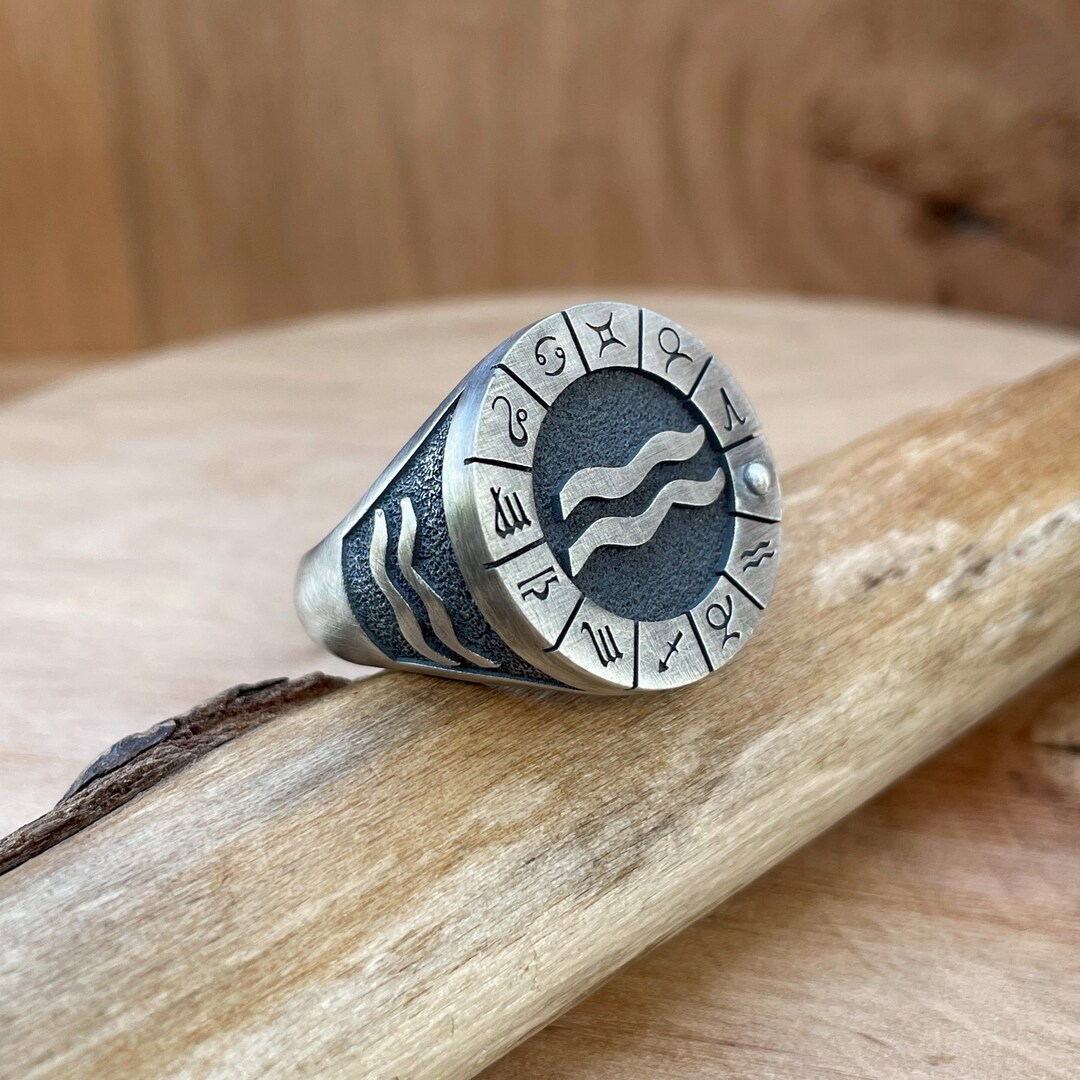 Aquarius Zodiac Sign Ring - Sterling Silver Men's Astrology Jewelry ...