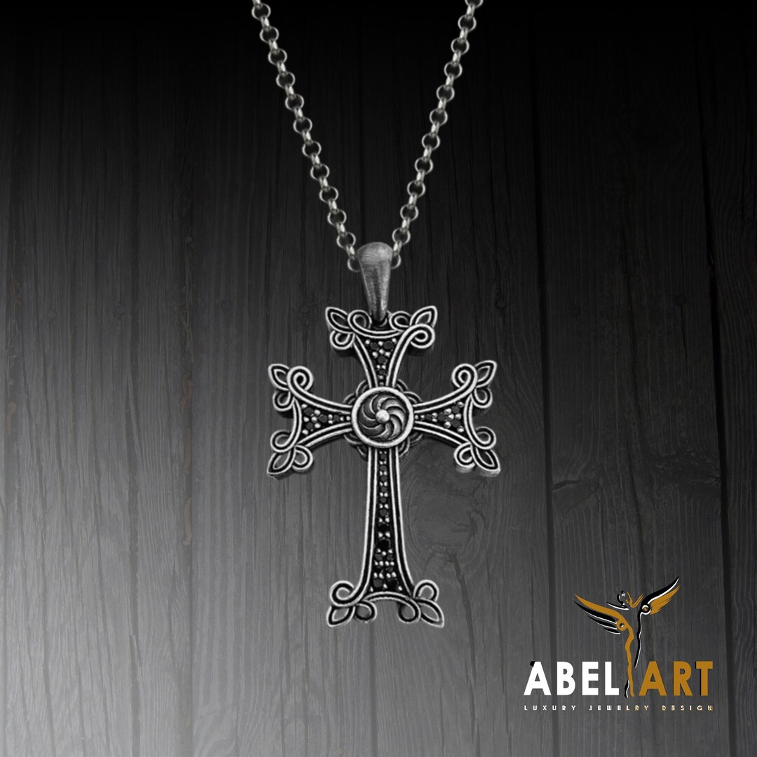 925 Sterling Silver Christian Cross Necklace With Black Zircon, Silver ...
