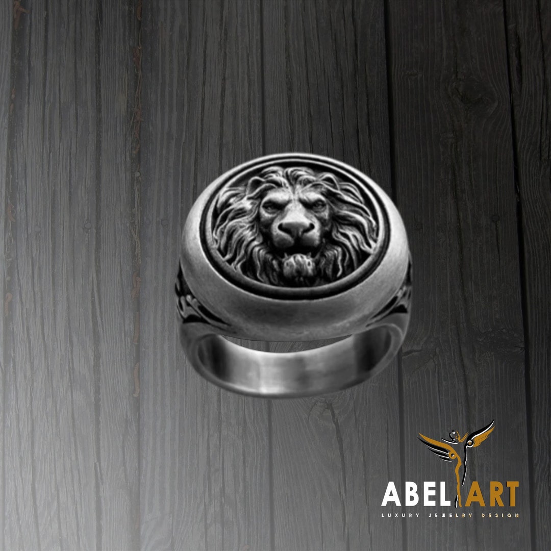 925 Sterling Silver Lion Signet Men's Ring, Unique Silver Lion Men's ...
