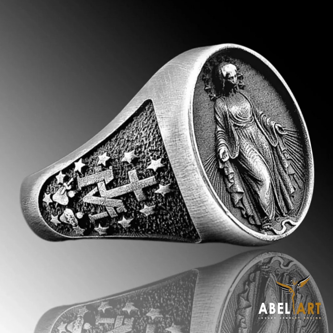 Silver Virgin Mary Ring men Our Lady of Grace Ring 925 Sterling ...