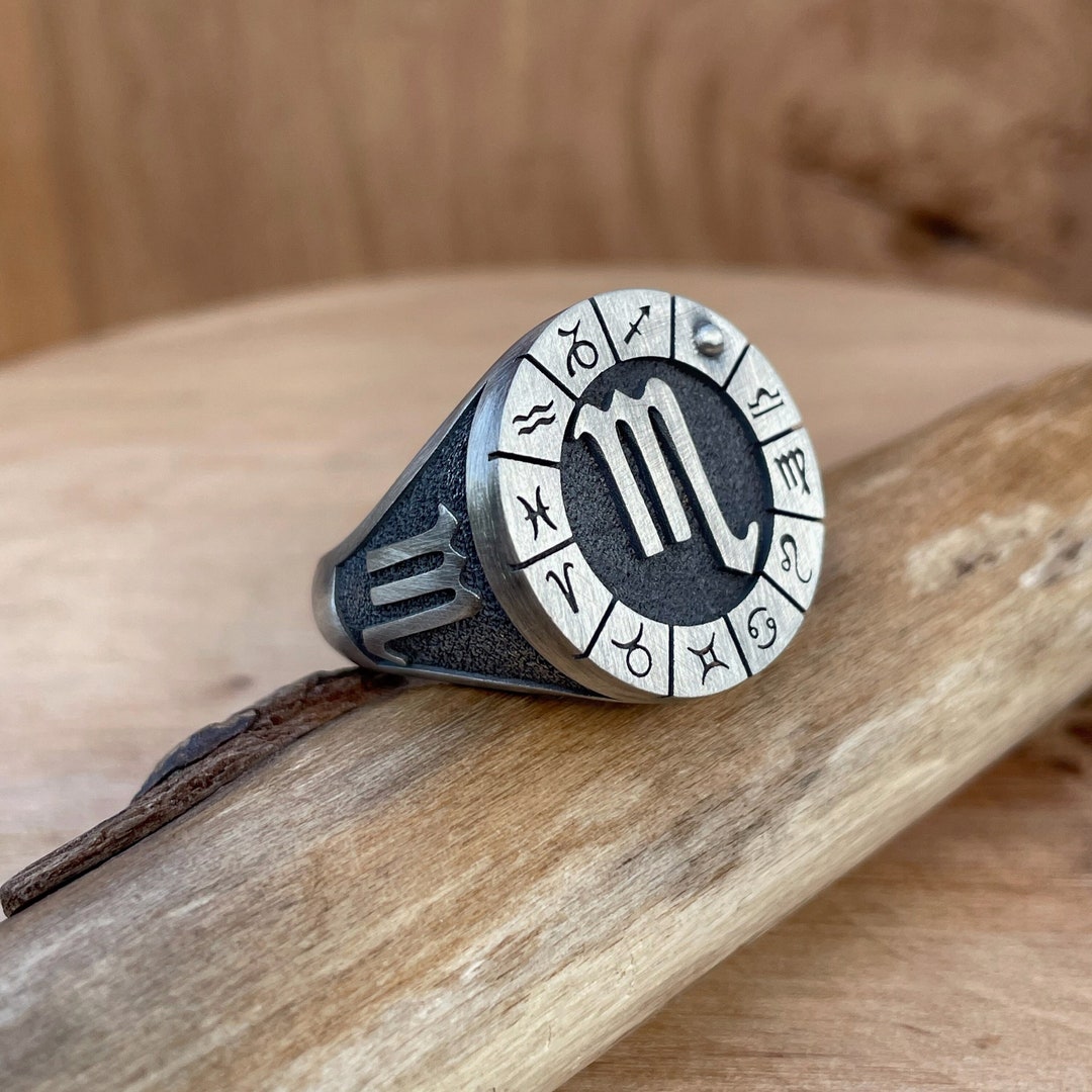 Scorpio Engraved Signet Ring for Men, Oxidized Male Pinky Ring in ...