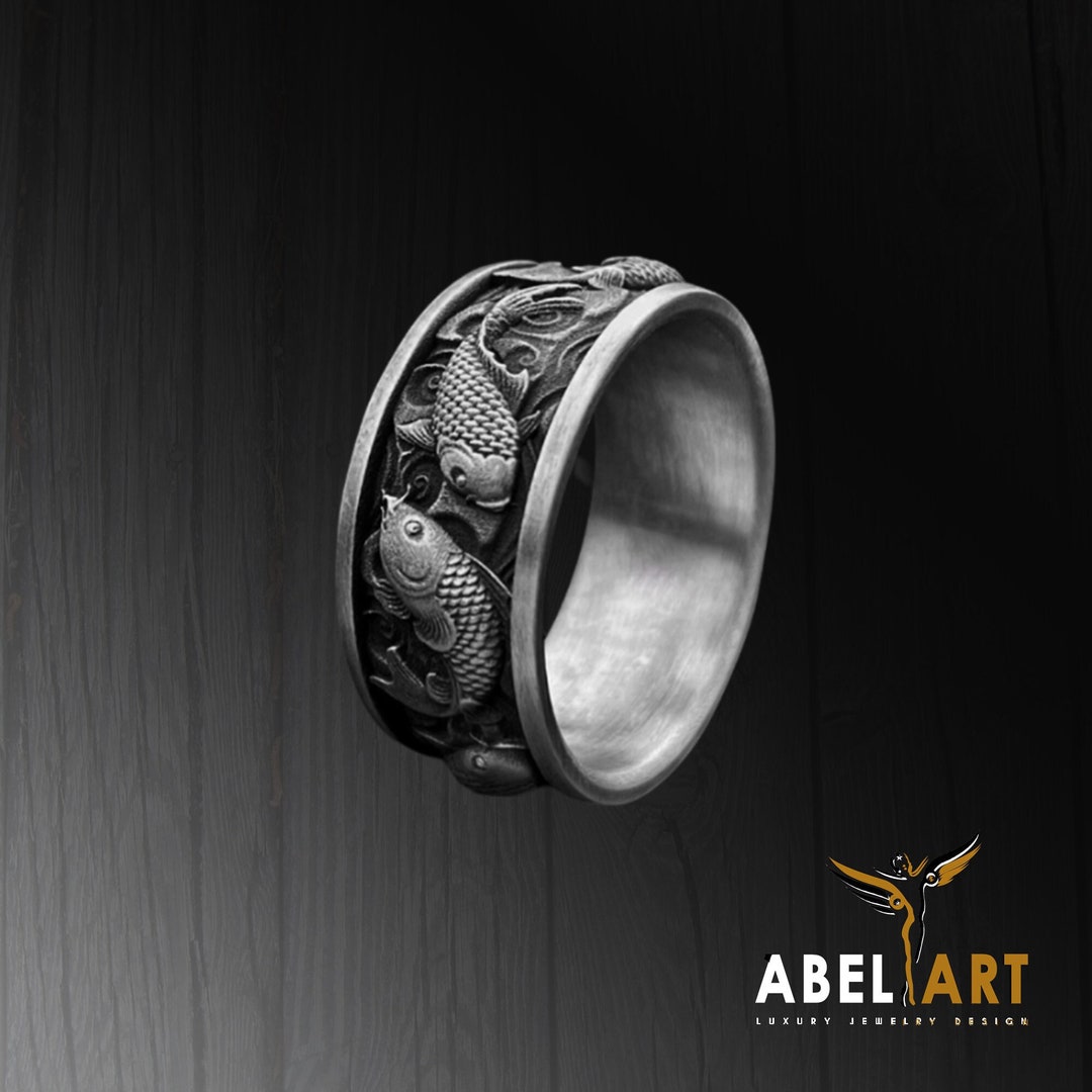 Koi Fish Sterling Silver Wedding Ring for Men, Fish Nature Inspired ...